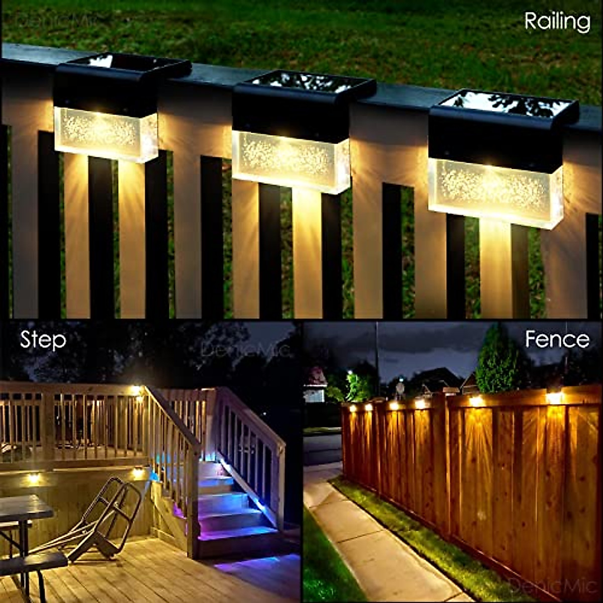 DenicMic Solar Deck Lights Outdoor Fence Solar Lights for Step, Railing, Wall, Pool Side LED Waterproof Warm White/Color Changing Patio Decor 6 Pack
