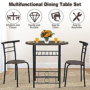Kinfant 3 Piece Dining Table Set - Kitchen Breakfast Dining Table, Small Table and 2 Chairs w/Metal Frame and Storage Shelf for Home Kitchen Dining Room, Small Space, Brown