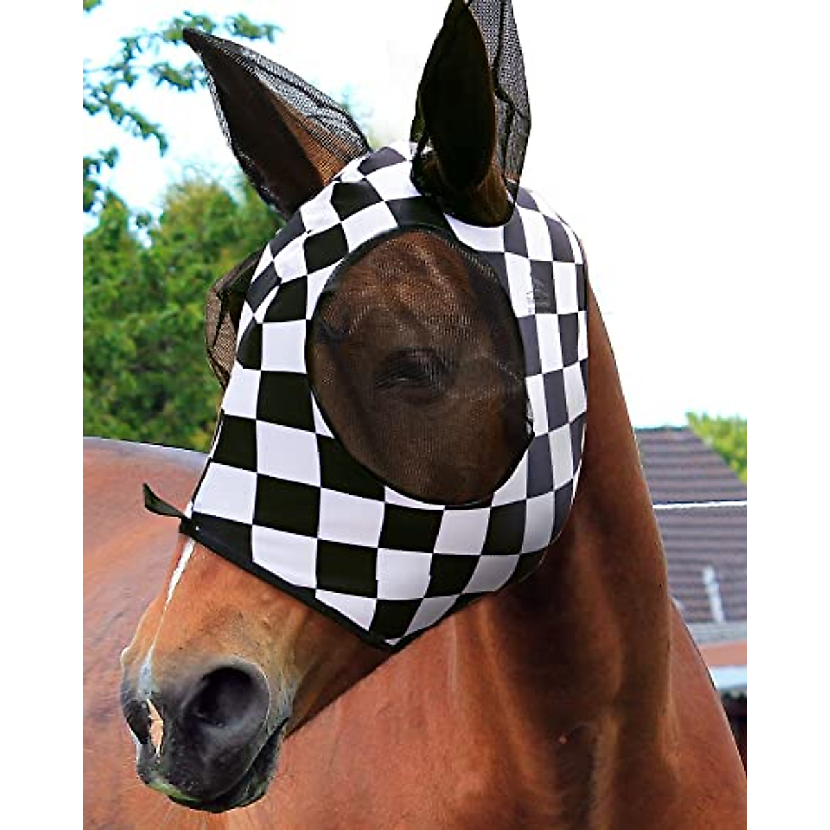 Harrison Howard Super Comfort Horse Fly Mask Elasticity Fly Mask with Ears UV Protection for Horse Checker Board L Full Size