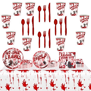 81Pcs Halloween Tableware and Decorations, 20 Guest - Halloween Plates, Party Cups, Napkins, Tablecloths, Plate, Knives, Forks, Halloween Party Supplies(Red)