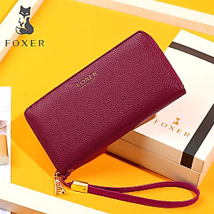 Leather Wallets for Women, Genuine Leather RFID Blocking 17 Card Slots Gift Box Packaging Ladies Purses with Zipper Coin Pocket Women's Long Wallets Womens Zip Around Wallets with Wristband (Red)