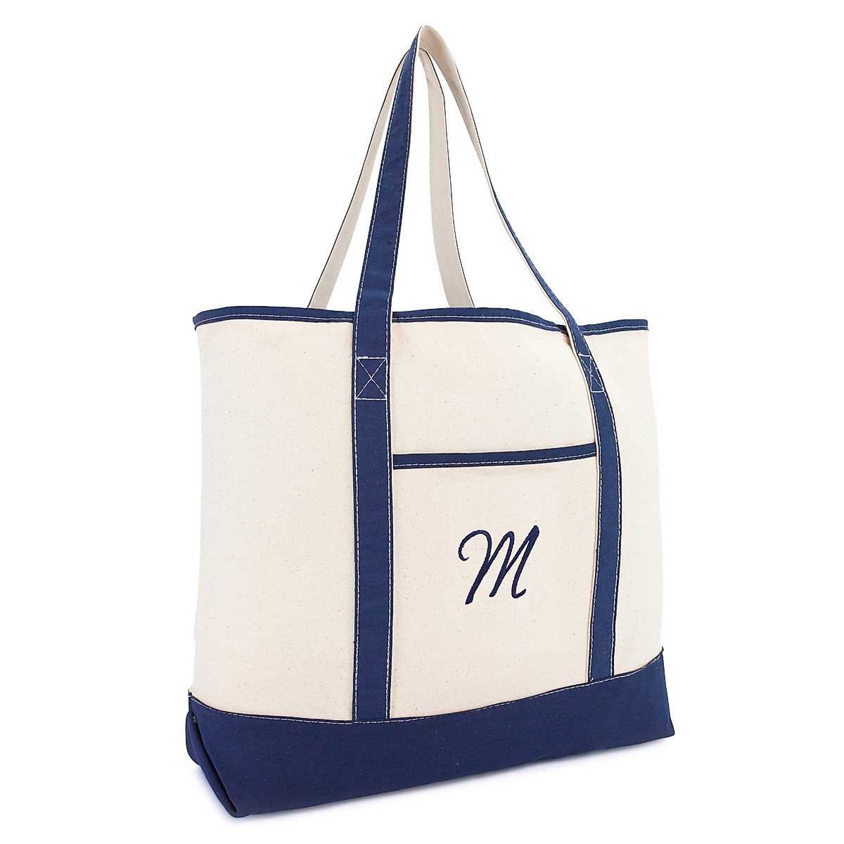 DALIX Personalized Tote Bag For Women Monogram Initial Open Top Navy Blue M
