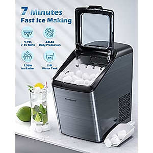 Freezimer DreamiceX1| Ice Makers Countertop Self-Cleaning, Portable Ice Maker Machine Countertop, 9 Cubes Ready in 7-10 Mins, 2 Size Ice Cubes Bullet Ice Machine | 33lbs/24h Silver