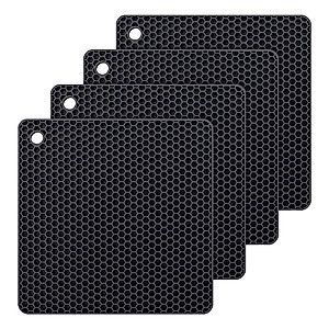 Silicone Trivet Mats Hot Pads, Yolife 4 Pack Multi-Use Trivets mat, Heat Resistant Silicone Pot Holder for Hot Dishes and Hot Pots, Jar Opener, Spoon Holder, Garlic Peeler- Dishwasher Safe (Black)