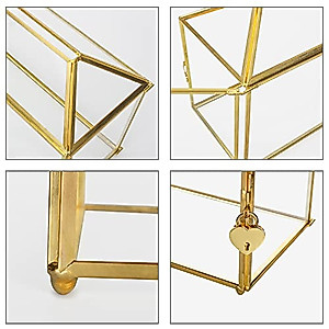 REDHUGO 12.6x5.9x9 inches Large Glass Card Box Handmade with Slot and Lock, Wedding Card Boxes for Reception, Graduation, Gift Cards, Party, Brass Geometric Terrarium, Golden Decorative Box