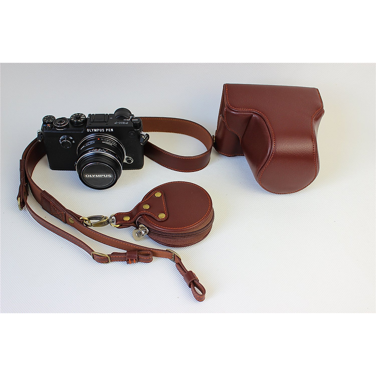 Olympus Pen-F Case, BolinUS Handmade Genuine Real Leather Fullbody Camera Case Bag Cover for Olympus Pen-F Bottom Opening Version with Neck Strap - Brown
