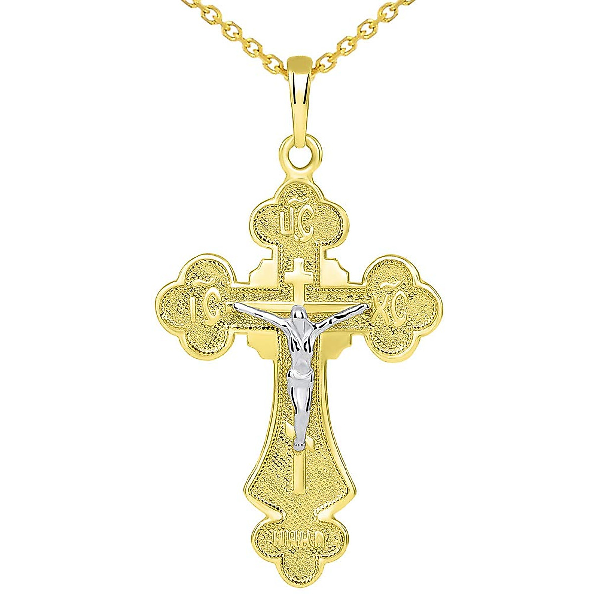 Jewelry America 14k Two Tone Gold Botonnee St. Olga Orthodox Cross IC XC NIKA Crucifix Pendant Necklace, 18"