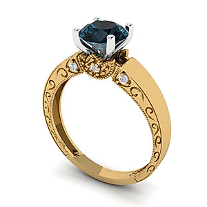 Clara Pucci 1.8 ct Round Cut Solitaire Natural London Blue Topaz Accent Art Deco Bridal Wedding Statement ring 18K 2 tone Gold Size 7