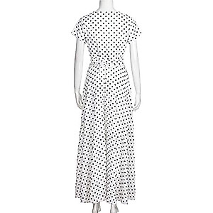 XIMIN Women's Fashion Casual Short Sleeve V-Neck Low Cut Printed Polka Dot Dress Beach Maxi Dress (White, Size:XXL)