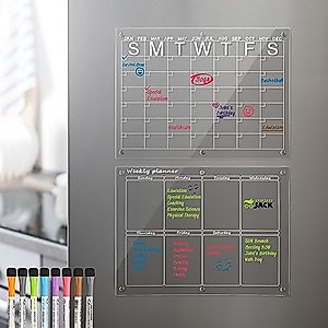 Printers Jack Magnetic Acrylic Calendar for Fridge， Clear Set of 2 Dry Erase Board Calendar for Fridge Reusable Planner with 8 Dry Erase Markers 7 Colors, Reusable Planning Board(16"x12"Inches)