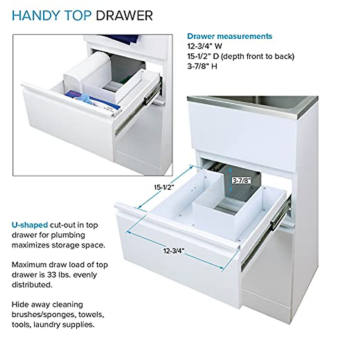Transolid TC2D-1522-W All-in-One 15.5 in. x 22.4 in. x 34.9 in. Metal Drop-In Laundry/Utility Sink and Cabinet in Gloss White