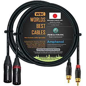 WORLDS BEST CABLES 2 Foot - RCA to XLR (Male) Cable Pair – Mogami 2534 Star-Quad Audio Interconnect Cable & Amphenol ACPL RCA & Neutrik Male XLR Gold Plugs - CUSTOM MADE