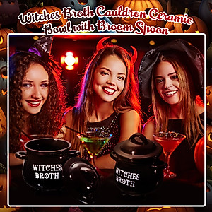 Bokon 4 Sets Witches Broth Cauldron with Broom Spoon 22 oz Ceramic Bowl Cauldron Pot for Soup Serving Halloween Kitchen Decorations