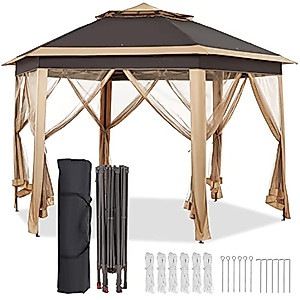 Yaheetech 13’ X 13’ Pop up Gazebo with Mosquito Netting, Hexagonal Outdoor Canopy Tent with Carry Bag for Patio Garden Backyard, Khaki/Brown