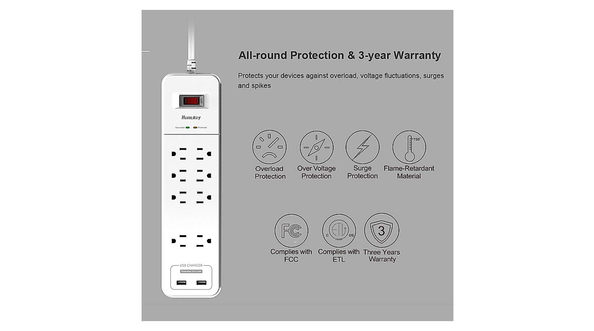 Huntkey Power Strip Surge Protector 4000 Joule, 3 USB Charger Port 12 ...