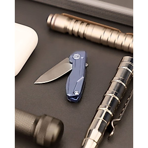 Samior HY002 Ultra Small Little Folding Pocket Flipper Knife, 1.3” D2 Damascus Blade, Blue Titanium Handle with Frame Lock, Mini EDC Keychain Necklace Knives (Blue)