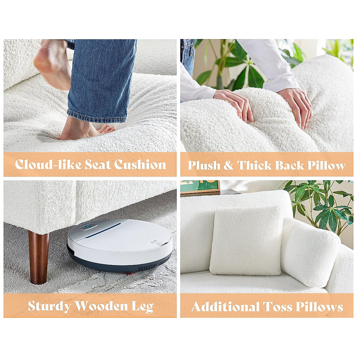 AMERLIFE Modern Sofa, 86 inch White Couch with 4 Throw Pillows, 3-Seater Sofa Couch for Living Room, Offwhite Boucle Upholstered Sofa