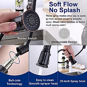 Kitchen Faucet with Pull Down Sprayer Oil Rubbed Bronze, SonTiy High Arc Single Handle Kitchen Sink Faucets with Deck Plate, Commercial Pull Out Faucets for Kitchen Sink, Solid Brass