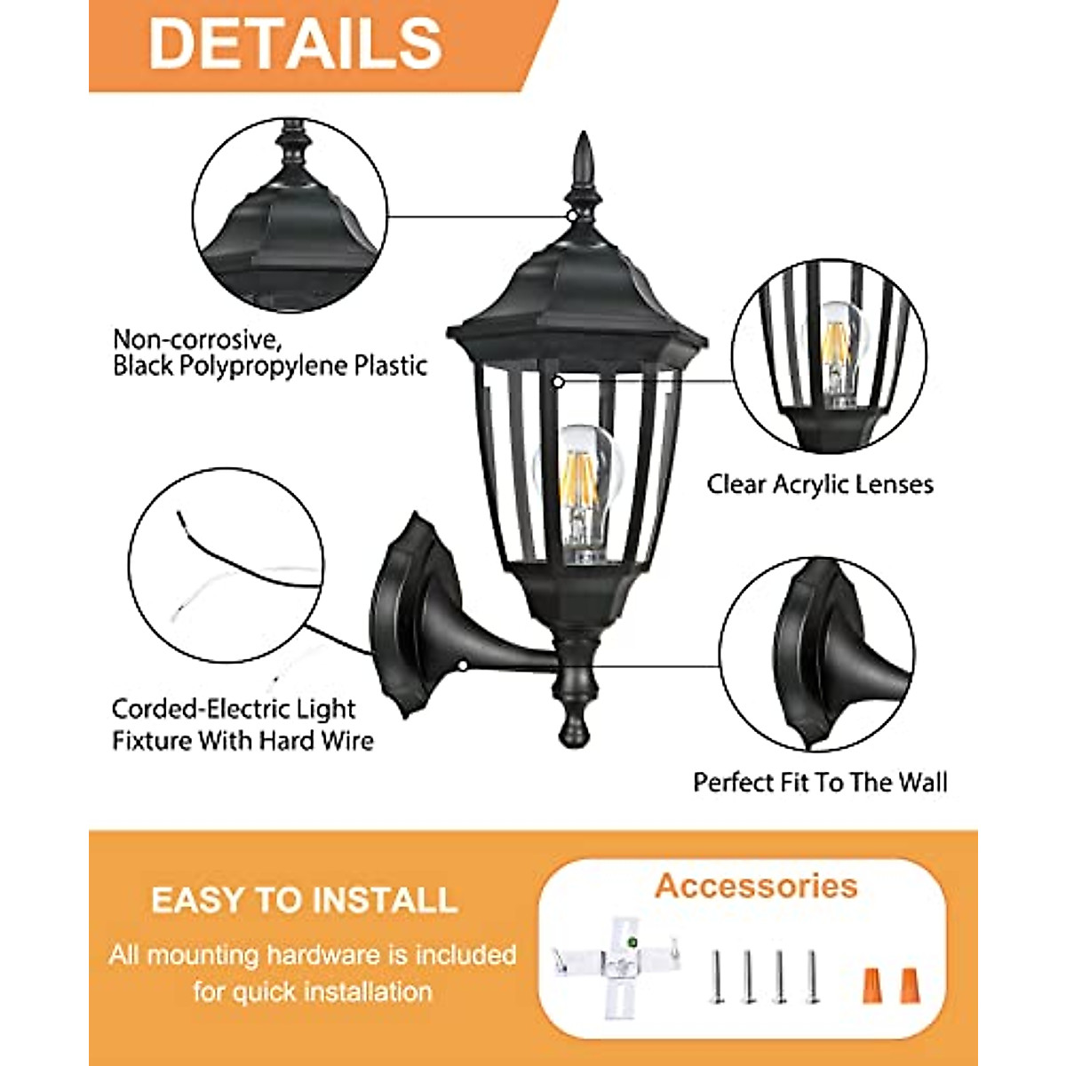 FUDESY Outdoor Wall Porch Lights, Exterior Waterproof Wall Sconce Light Fixture, Black Plastic Wall Lantern Wall Mount Lighting for Front Door, Garage, Patio, FDS341B2 (Bulb Included)