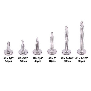 Hilitchi 410 Stainless Steel Wafer Head Phillips Self Drilling Screws Sheet Metal Tek Screws Assortment Kit, Modified Truss Head Self Driller - Size: #8 x 1/2" ~ #8 x 1-1/2" (Pack of 240)