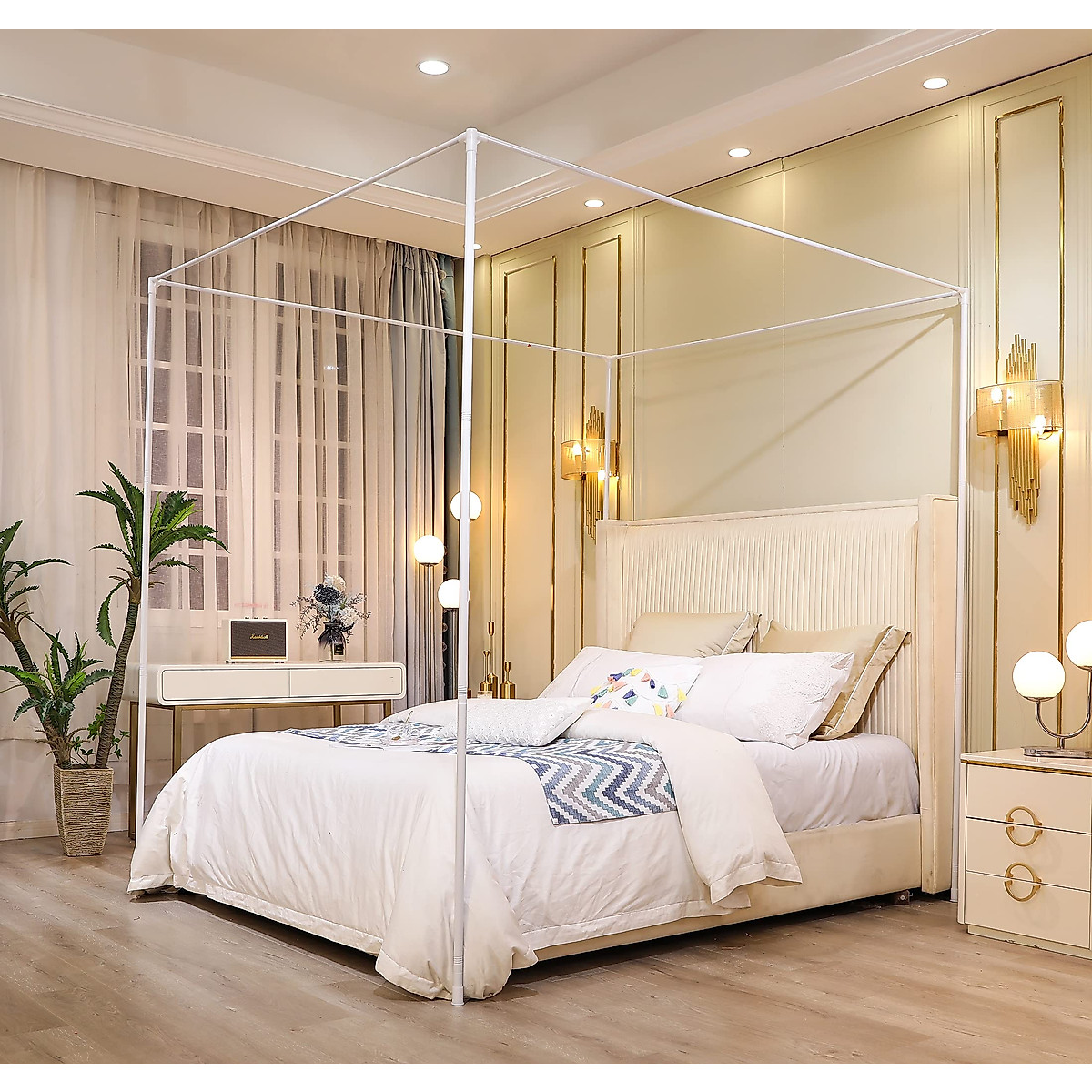 Mengersi Canopy Bed Frame Queen Size,Bed Canopy Frame Post Bed Poles,Canopy Bed Curtains Frame Bracket Fit for Metal Bed Wood Bed Bedroom Decor,White