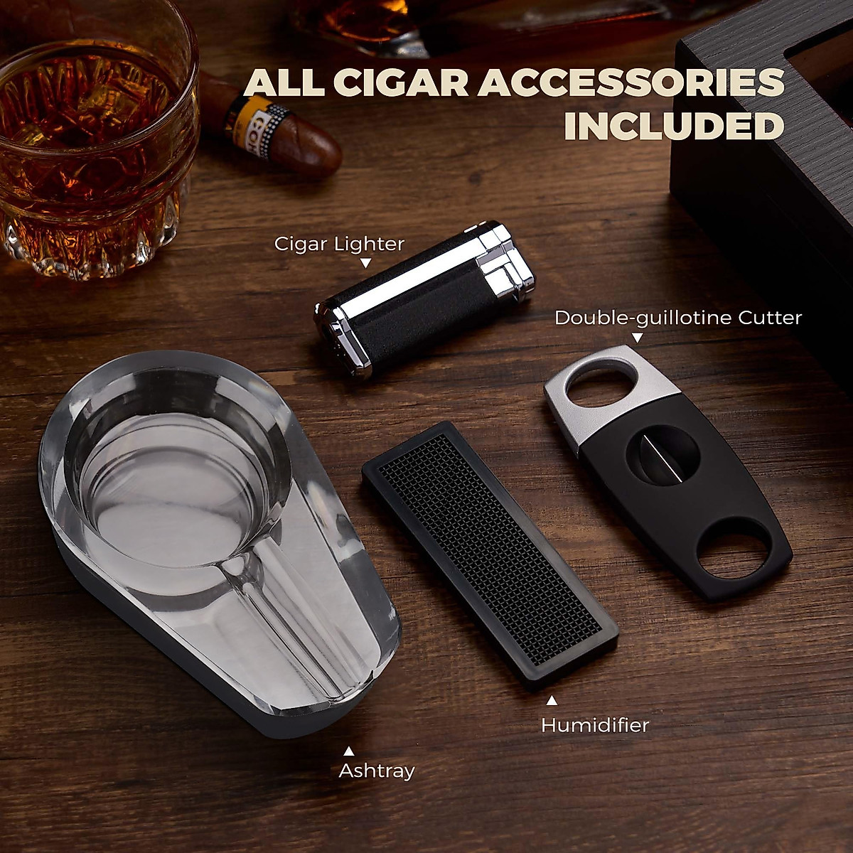 CINOROW Cigar Humidor Box with Lighter and Cutter, Digital Hygrometer and Humidifier, Ashtray, Spanish Cedar Lining and Divider for 25 Cigars, Cigar Accessories Gifts for Men