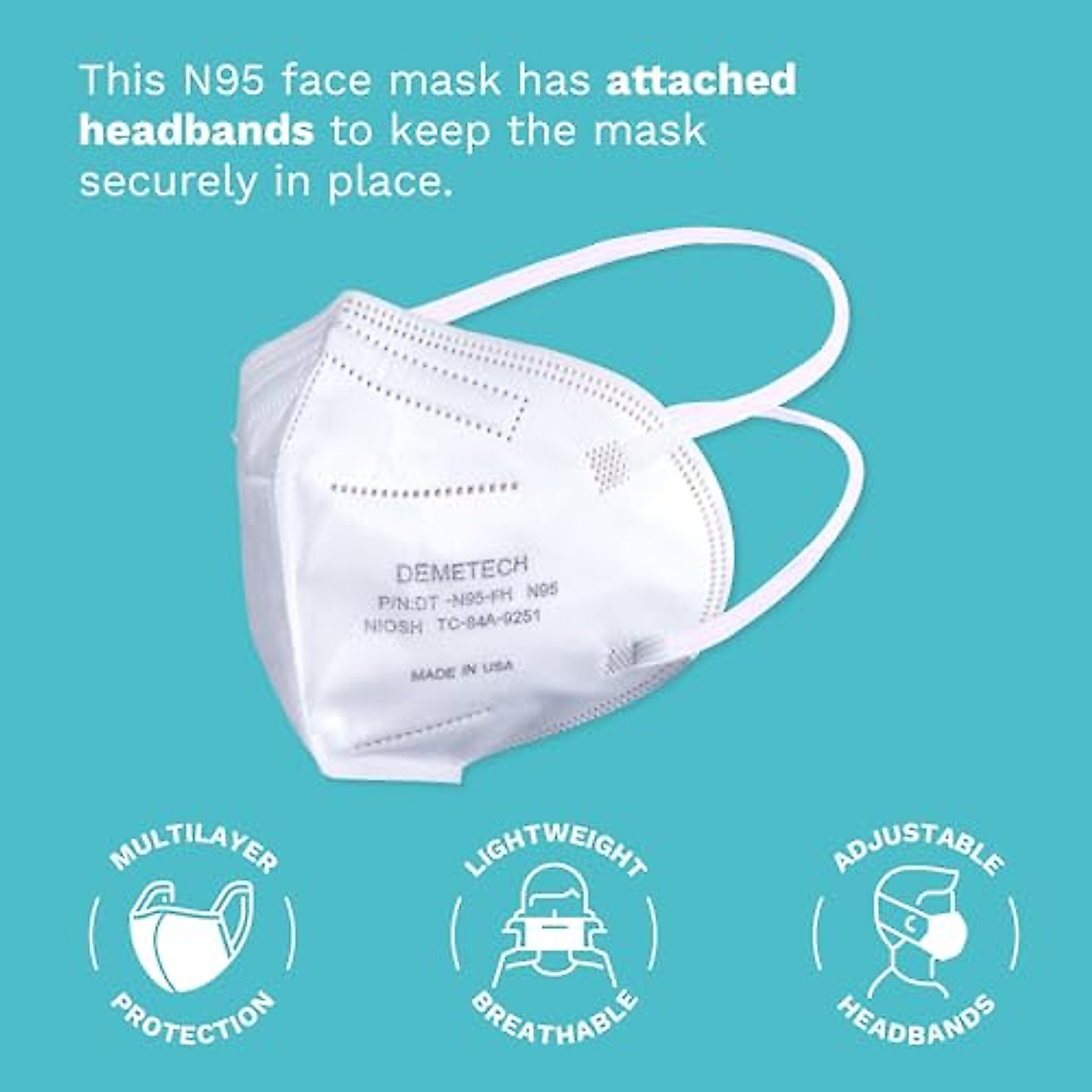 DemeTECH NIOSH N95 Respirator Face Mask, Fold-Style with Headbands, Made in USA, 20 Qty
