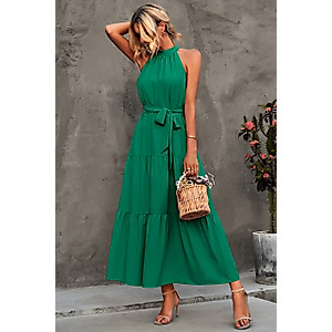 PRETTYGARDEN Women's Summer Maxi Sun Dress Sleeveless Halter Neck Flowy Ruffle Hem Long Boho Dresses with Belt (Solid Green,Medium)
