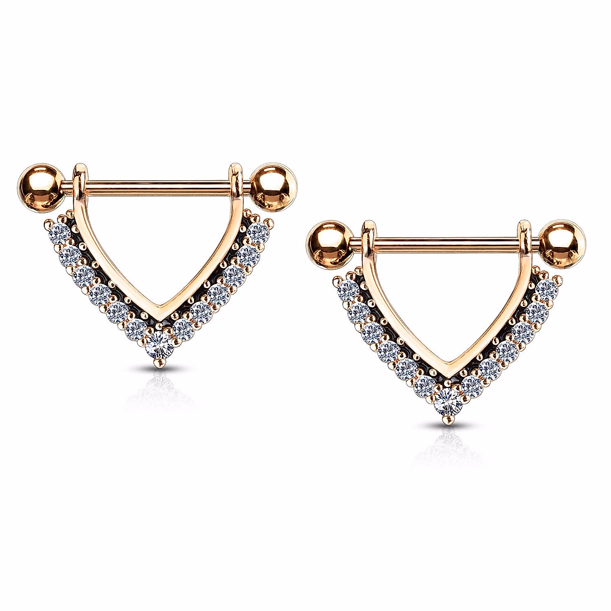 Forbidden Body Jewelry Pair of Surgical Steel 9/16 Inch (14mm) CZ Lined Black Accent Sexy Dangle Nipple Rings, Rose Gold Tone