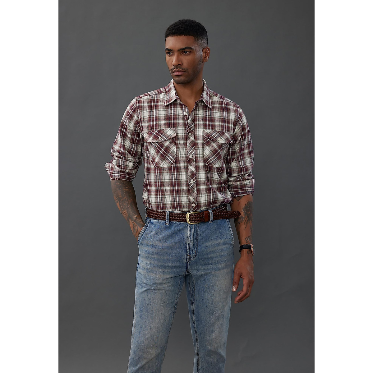 PJ PAUL JONES Mens Casual Button Down Shirts Flannel Plaid Cotton Regular Fit Long Sleeve Shirts Red White Large