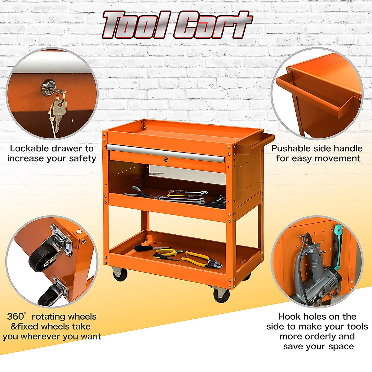 Oversized Tool Cart, Rolling Tool Cart, Mechanical Tool Storage Cart, 4-Wheel Tool Cart with Ball-Bearing Slides and Drawer Lock, Storage Cart and Tool Box for Warehouse and Garage Storage (Orange)