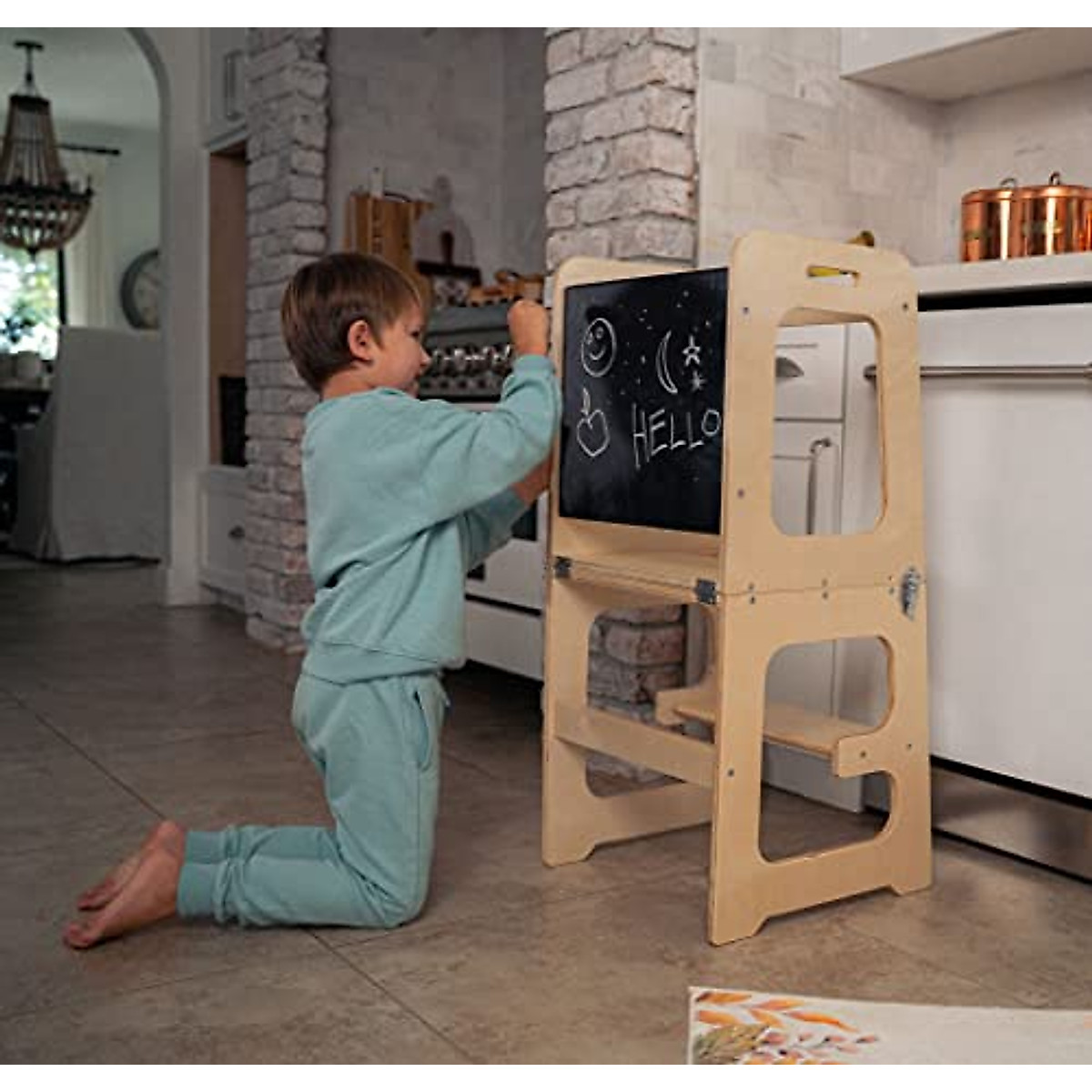 Avenlur Date 4-in-1 Kitchen Tower Montessori and Waldorf Style for Toddlers and Kids 18 Months to 6 Years - The Ideal Counter Stepping Stool with Chalkboard, Desk Table, and Chair All in One
