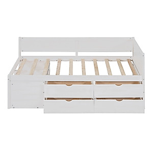 Brisca Twin Size Daybed with Four Drawers and Three Shelves,Multifunction Solid Wood Storage Bed Frame,W/Wooden Slates Support,for Kids Teens,Boys & Girls,No Box Spring Needed,White