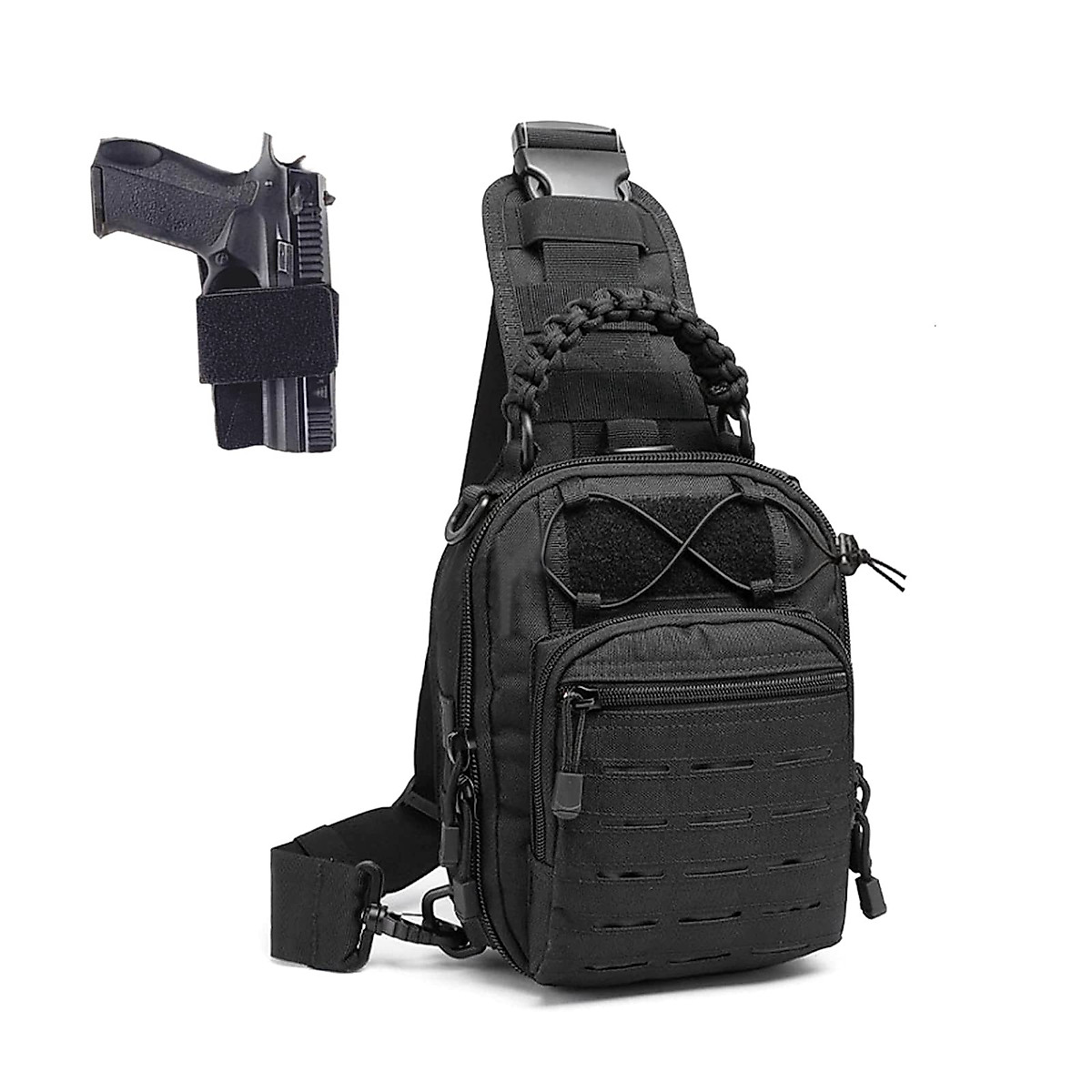 LarKoo Tactical Compact Concealed Carry Sling Bag Cut Molle Pistol Holster EDC Single Shoulder Chest Backpack Pack (Black)