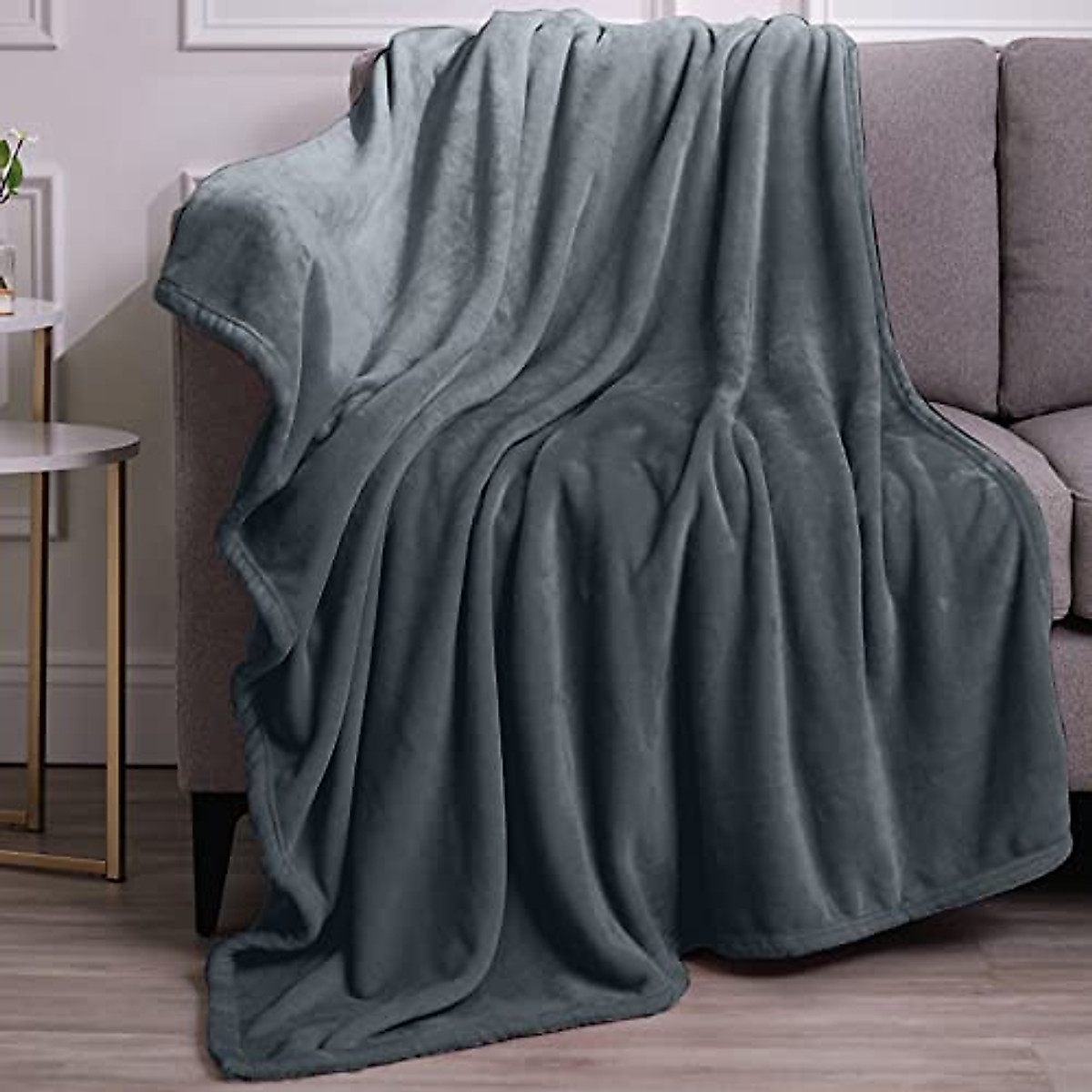 lalaLOOM Luxurious Soft Fleece Bed or Throw Blanket, Queen 90x90 Warm Velvet Plush Blankets, Comfy Lightweight Cozy Bedding, Washable Home Décor Throws for Sofa Couch, Bedroom Dorm Room, Gray Blue