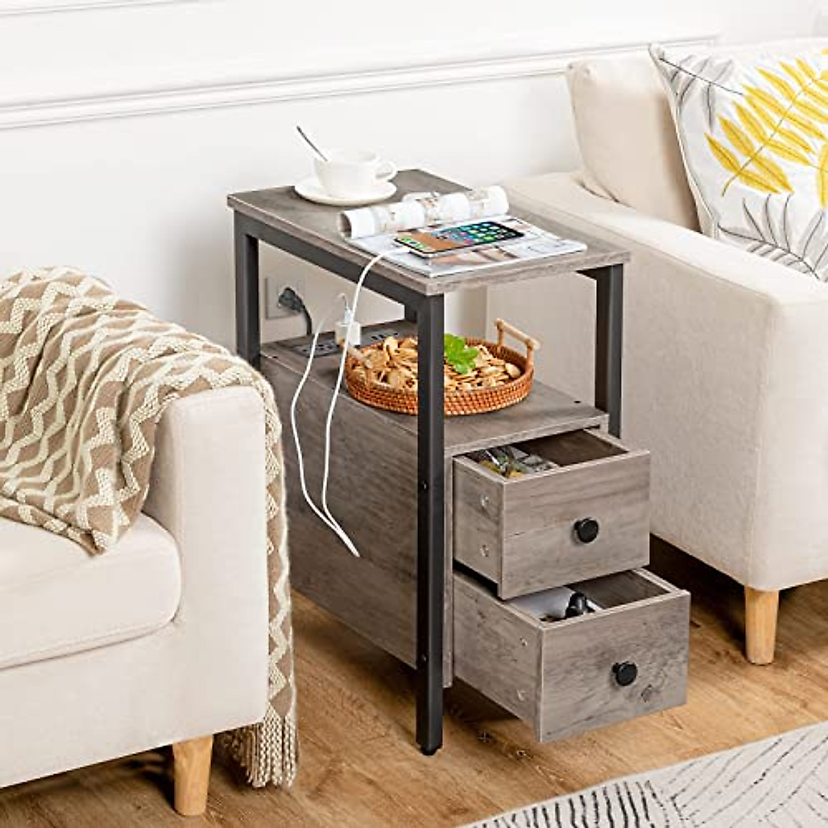 HOOBRO End Table with Charging Station and 5-Tier Corner Shelf, Narrow Side Table with 2 Drawers, Wood Storage Rack Plant Stand, Nightstand for Small Spaces, Greige BG541BZ01-BG50CJ01