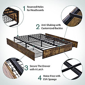 IMUsee Queen Size Bed Frame with 4 Large Storage Drawers, Heavy Duty Metal Platform Queen Bed Frame with 13 Strong Metal Slats Support, Wooden Board Decor, No Box Spring Needed, Noise Free