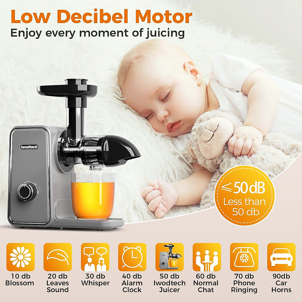 IWODTECH Juicer Machine, Cold Press Juicer with 2 Speed Modes, Slow Masticating Juicer Vegetable and Fruit, Celery Juicer, BPA-Free, Easy to Clean, Galaxy Grey