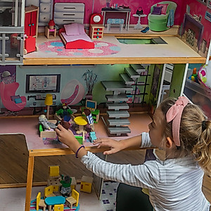 Wooden Dollhouse Furniture Set - 27 Piece Kit - Living Room, Bedroom and Kitchen Accessories, 100% Natural Wood, Nontoxic Paint, Smooth Edges