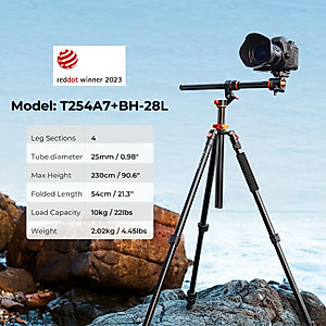 K&F Concept 90 inch/230cm Ultra High Camera Tripod,Horizontal Overhead Shooting Travel Tripods with Metal Ball Head 10KG Load Capacity,Detachable Monopod, for Indoor and Outdoor Use T254A7+BH-28L