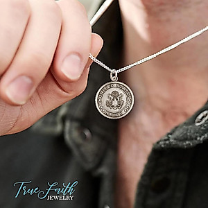 TrueFaithJewelry Sterling Silver United States Army Service Medal with St Michael Patron Saint Archangel Pendant Necklace, 3/4 Inch