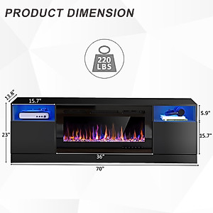 Spurgehom 70" Fireplace TV Stand for TVs Up to 80" with 36" Electric Fireplace, TV Console for The Living Room, LED Light Entertainment Center, Storage Cabinet, Media Console Table, Black