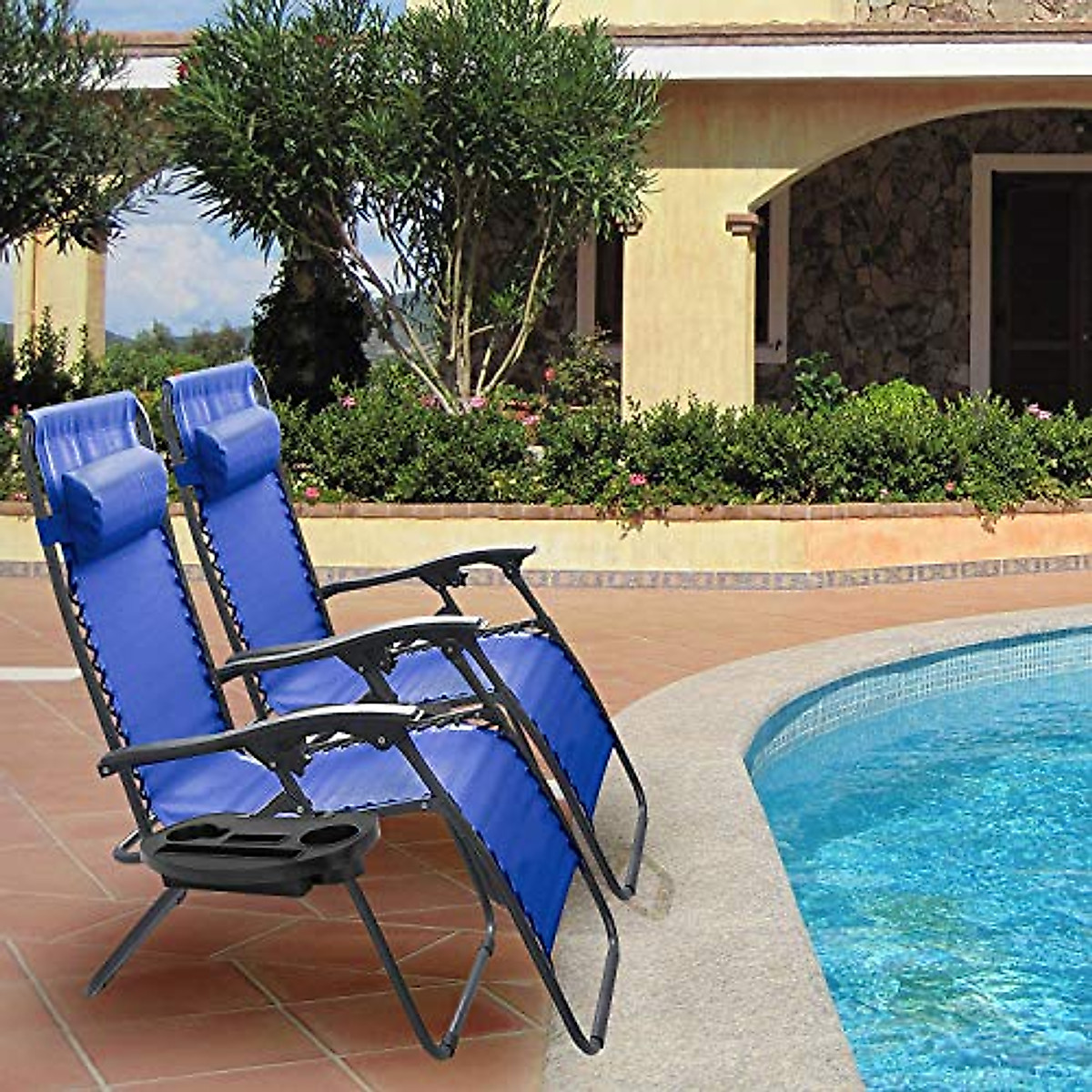 iMounTEK Set of 2 Adjustable Zero-Gravity Reclining Outdoor Lounge Chairs w/Pillows & Cup Holder Side Tray, Supports 330lbs, for Patio, Porch, Deck, Poolside, Beach, Lawn, Yard - Black/Blue/Brown/Tan