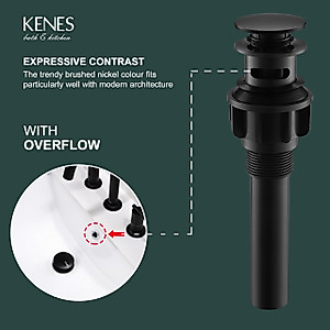 KENES Pop Up Bathroom Sink Drain with Overflow, Matte Black Pop Up Drain Stopper Anti Clog Pop Up Drain Stopper Lavatory Vanity Vessel Sink Drain