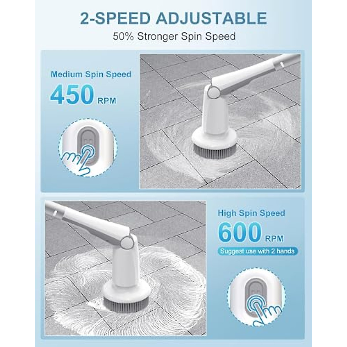 600RPM Electric Spin Scrubber, BIUBLE Cordless Cleaning Brush with Adjustable Long Handle, 5 Upgrade Replaceable Brush Heads & Velcro, Bathroom Shower Cleaning Scrubber for Bathtub Grout Tile Floor