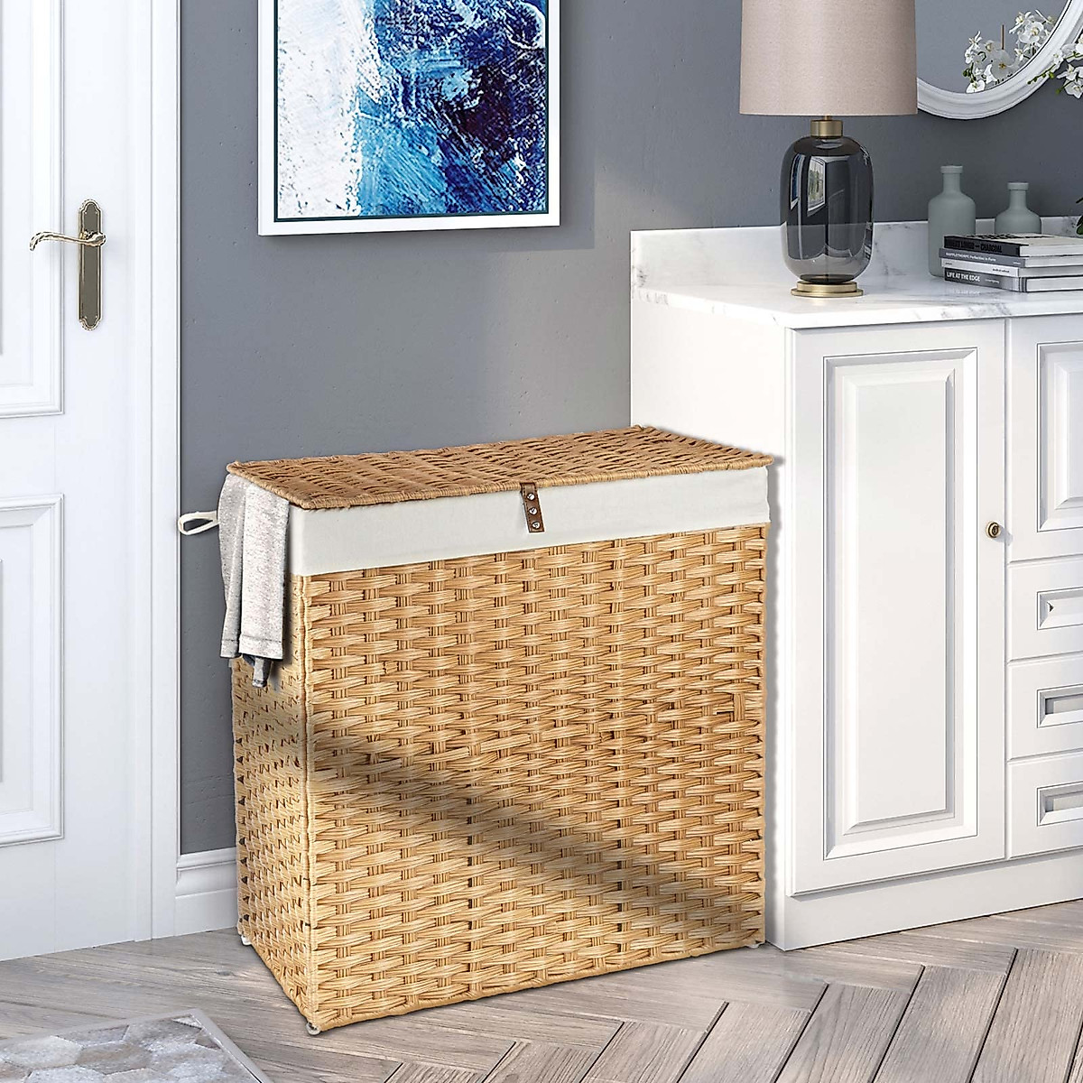 Greenstell Laundry Hamper with lid, No Install Needed, 110L Wicker Laundry Baskets Foldable 2 Removable Liner Bags, 2 Section Clothes Hamper Handwoven Rattan Laundry Basket with Handles, Natural