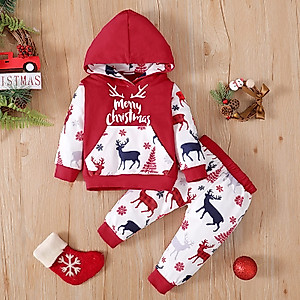 Baby Boys Girls Cute 2Pcs Outfits Clothes Set for Toddler Kids Christmas Print Hooded Pullover Tops Pants Trousers Set (Blue, 6-12 Months)