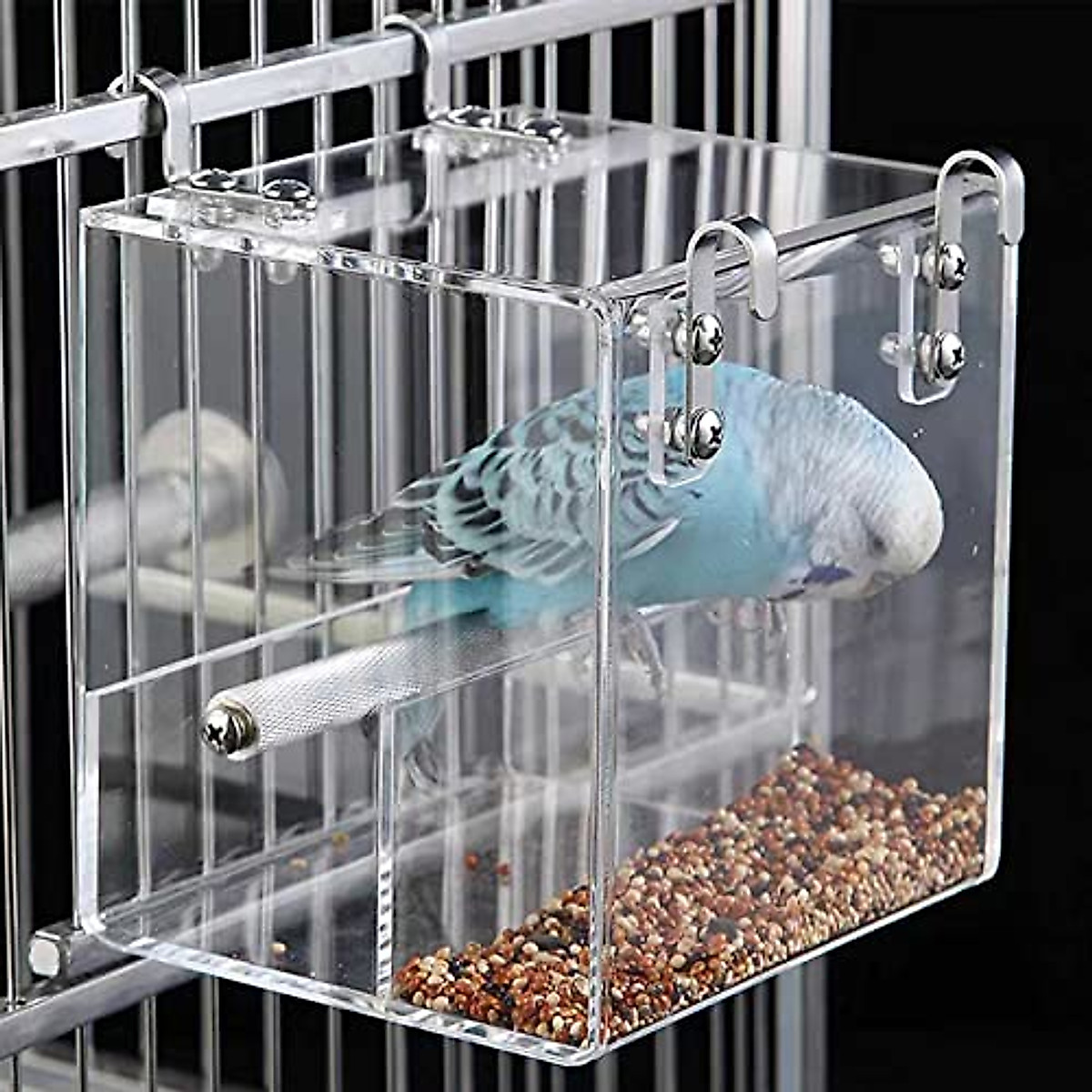 Bird Feeder No Mess Seed Catcher Tray Cage, Transparent Bird Feeder Cage with Stainless Steel Hooks for Small Bird Canary Parakeet Budgerigar Parrots Crested Myna Cockatiel Lovebird