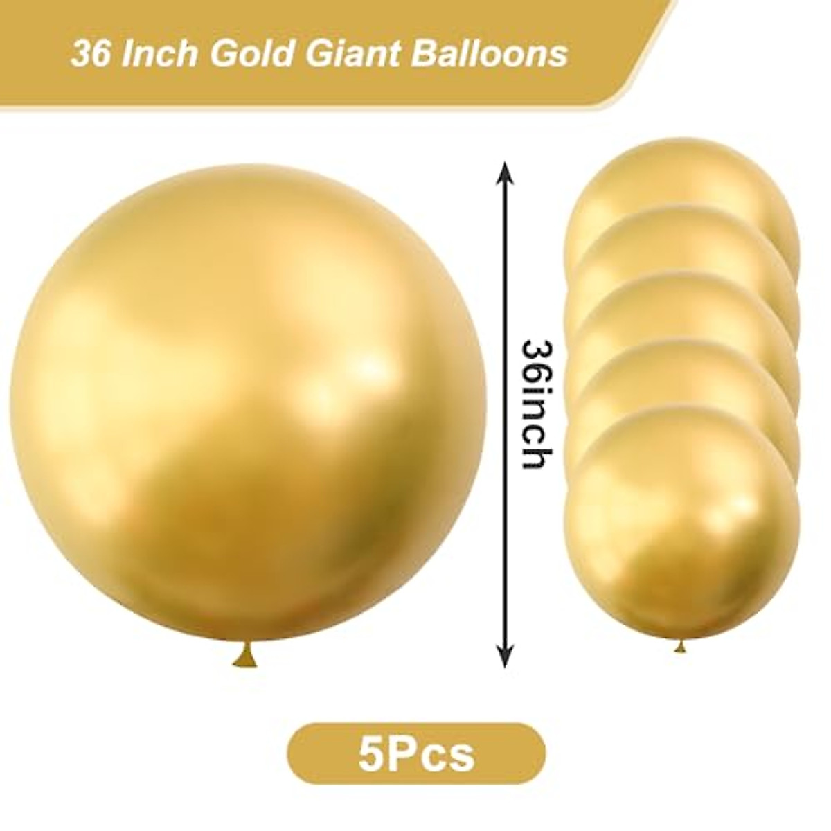 RUBFAC 36in Gold Giant Balloons, 5pcs Metallic Gold Latex Helium Balloons for Birthday Wedding Party Photo Shoot Baby Shower Decoration