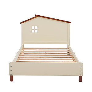 Merax Kid Twin Wood Bed House Frame, Wood Platform Bed for Boys Girls,No Box Spring Needed,Easy Assemble (Twin,Cream+Walnut)